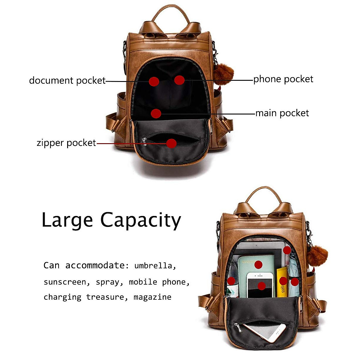 NAITOKE Women Backpack Purse PU Leather Anti-theft Lightweight Ladies Travel Backpack,6766-Brown