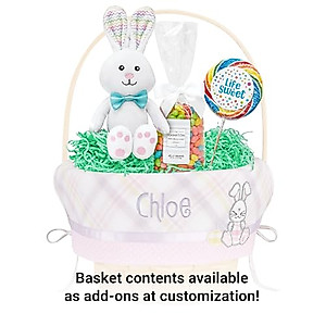 Let's Make Memories Personalized Easter Basket - Create Your Own - Wicker Basket - Embroidered Liner - Medium - Pink Bunny Applique