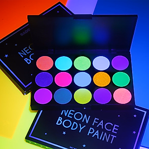 BADCOLOR Glow UV Face Paint, 15 Colors Neon Eyeshadow Palette, Water-Based UV Blacklight Face Body Paint for Kids - UV Eyeliner Makeup Palette for Halloween Glow Party Club Music Festivals