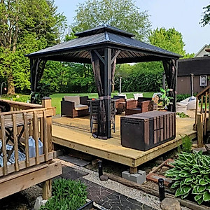 Domi Hardtop Gazebos 12x12FT, Aluminum Metal Gazebo with Galvanized Steel Double Roof Canopy, Curtain and Netting, Permanent Gazebo Pavilion for Patio, Backyard, Deck and Lawn, Grey