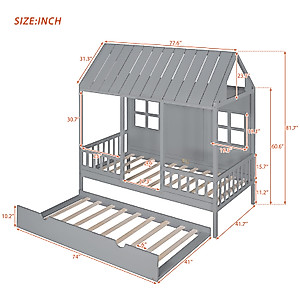 Bellemave Twin House Beds with Trundle for Kids Montessori Bed Wood Playhouse Tent Bed Frame for Girls Boys, Twin Size , Gray