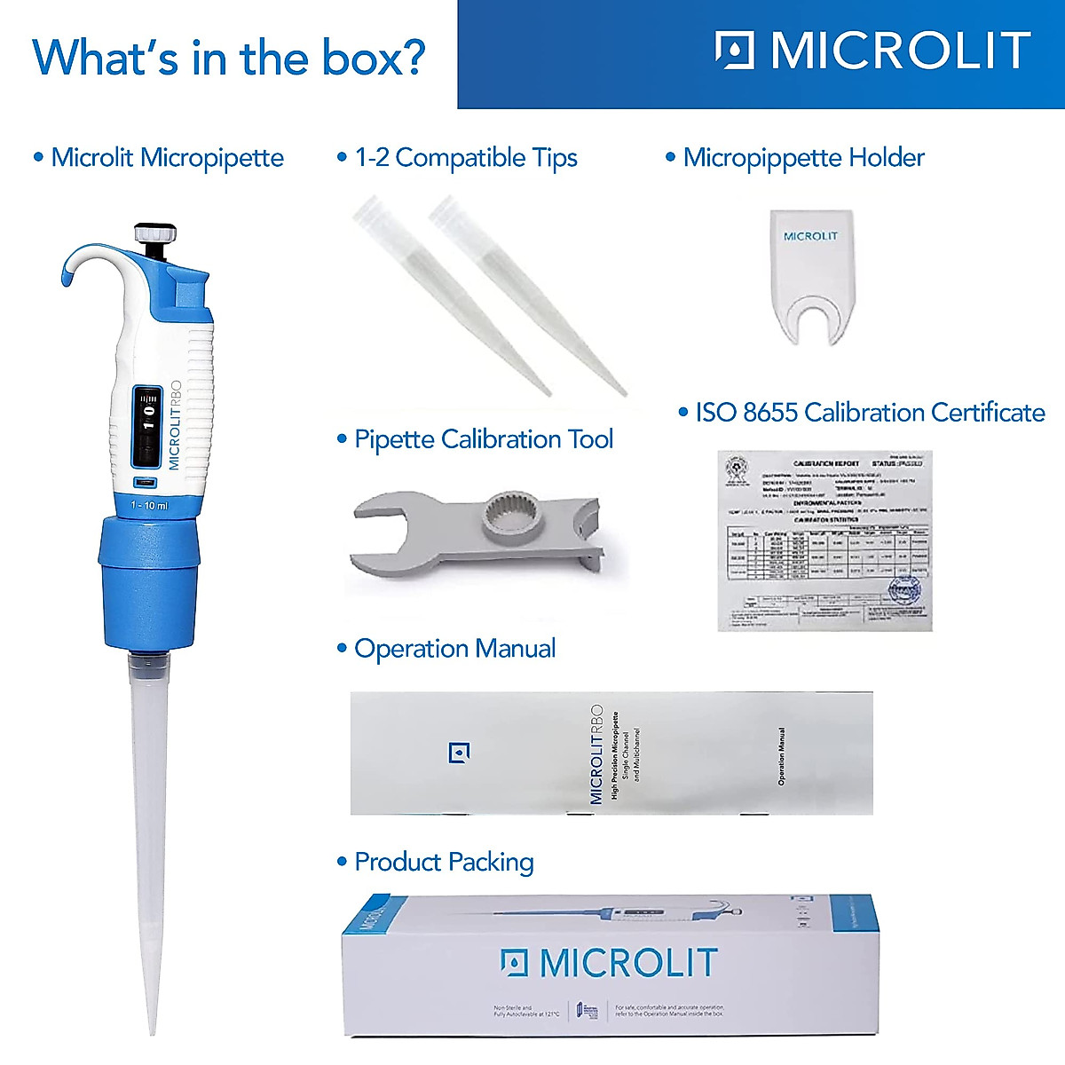Microlit Micropipette - Single Channel Pipette Compatible with Microlit 10ml Pipette Tips, Adjustable Volume Lab Pipette, Accurate and Calibrated Pipette (1-10ml)