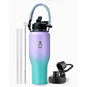Trebo 40oz Insulated Water Bottle that Fits in Cup Holder, Stainless Steel Double Wall Tumbler Bottles with Paracord Handle, Flask with Straw Spout Lids, Keep Cold for 48 Hrs/Hot 24 Hrs,Cotton Candy