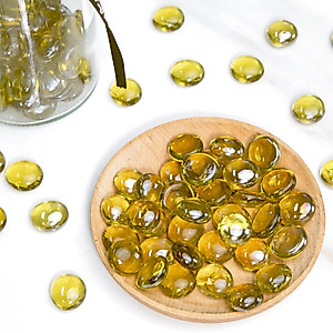 FUTUREPLUSX 1LB Yellow Flat Glass Marbles, Glass Beads Floral Pebbles Decorative Rocks Gold Gemstones Vase Fillers for Centerpieces Table Scatter Aquarium Fall Home Decor
