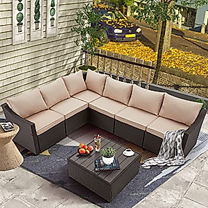 HOMREST 7 Piece Patio Furniture Sets, Outdoor Sectional Set with Adjustable Bracket, PE Rattan Patio Conversation Set, Sofa Set with Storage Coffee Table, for Garden, Lawn, Balcony