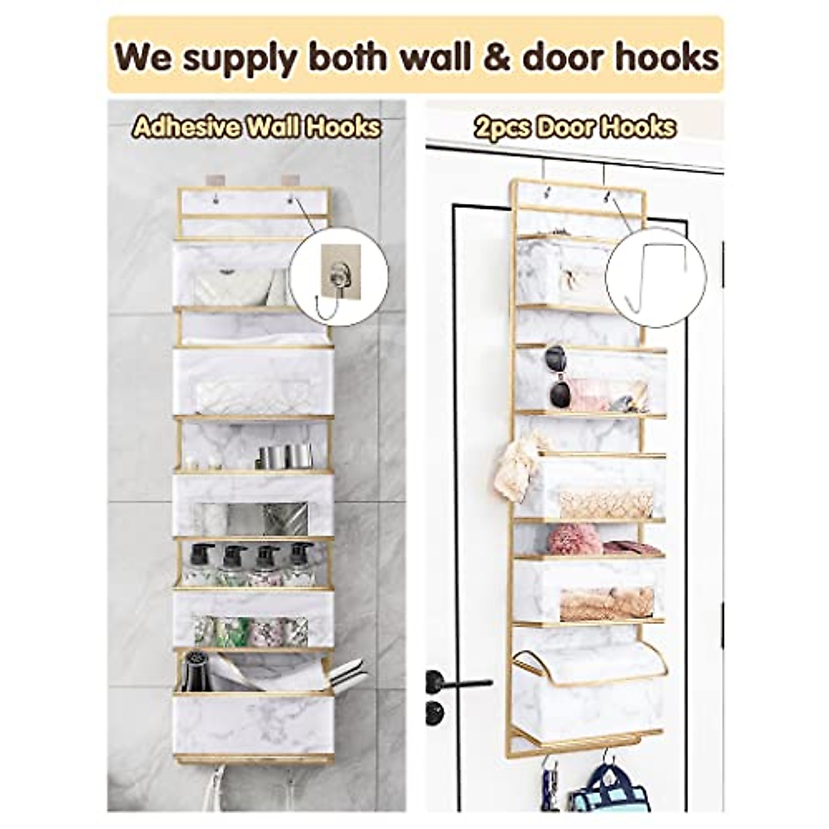 MYTHAUS Over Door Hanging Organizer - Wall Mount Closet Organizer 5-Shelf, Back of Door Bathroom Organizer with Clear Window,Storage for Baby Nursery/Pantry/Bedroom/Make up (White Marble)