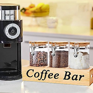 3 PCS Coffee Container for Ground Coffee with Scoop Wood Station, Glass Coffee Bean Canister Organizer with Airtight Lids, Coffee Storage Canister Jar for Sugar Tea