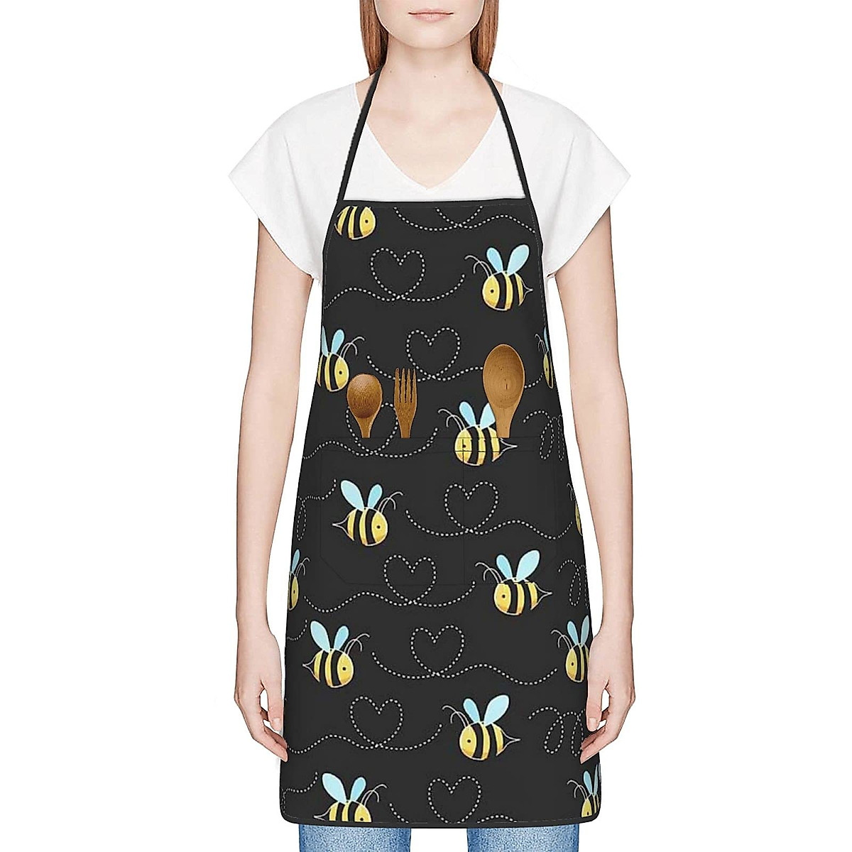 MuMuYun Bumble Bees Kitchen Apron, Kitchen Cooking Aprons with Pockets Aprons for Men Women, Black, 20W x 28L