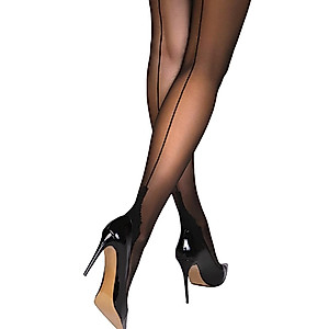 Charm and Attitude Black Sheer Seamed Thigh High Stockings for Women | Back Seam Pantyhose with Lace Top - Black, XS/S