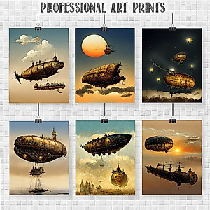 Steampunk Airships Art Prints - Set of Six Gallery Wall Photos (8x10) Unframed Print Poster - Science Fiction Home Decor and Gift For Aviation, Sailing, and Navigation Buffs