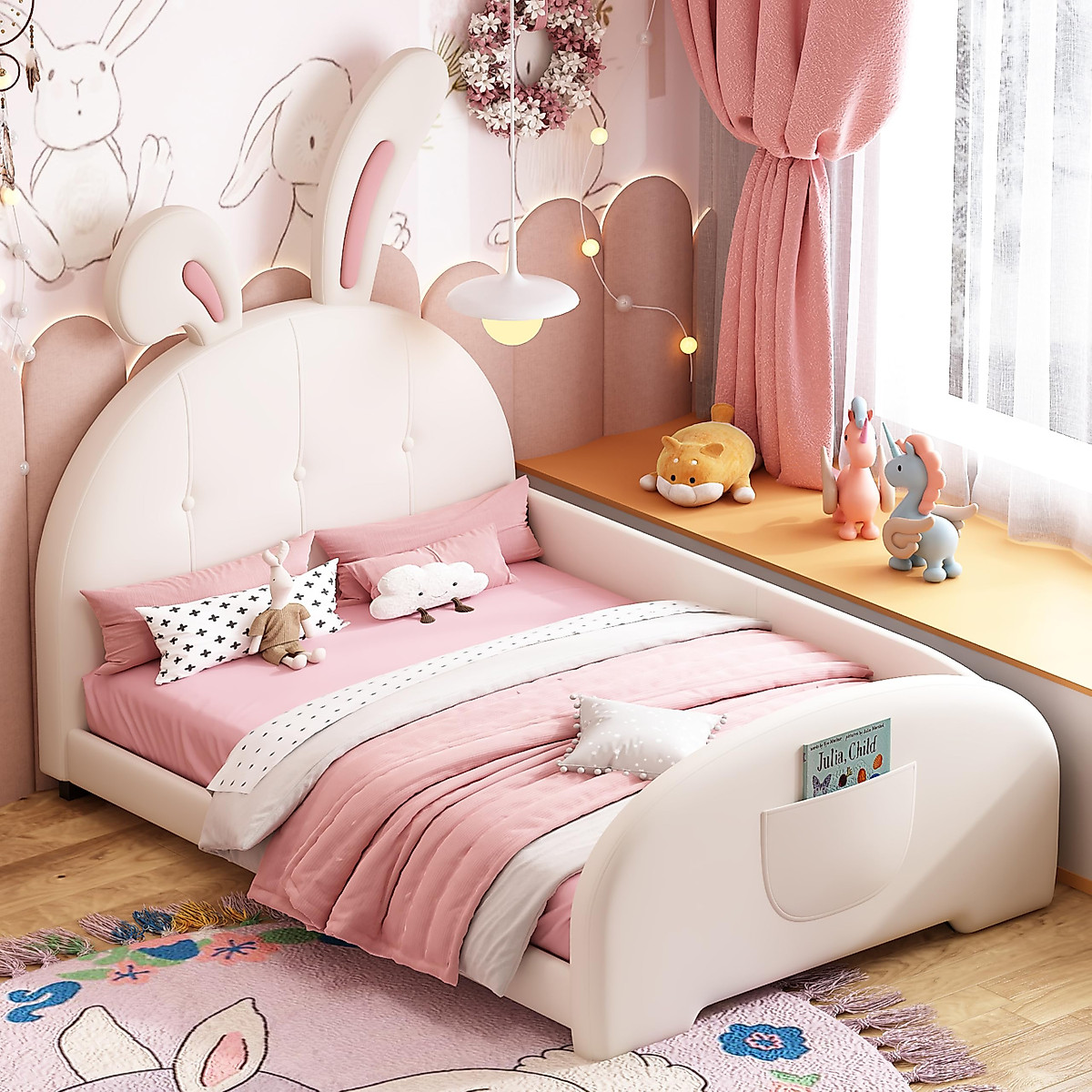 BEDGJH Twin Size Upholstered Rabbit-Shape Princess Bed, Wood Twin Size Platform Bed Frame with Headboard and Footboard for Kids Teens Girls Boys, Fun Design & Easy Assembly (White)