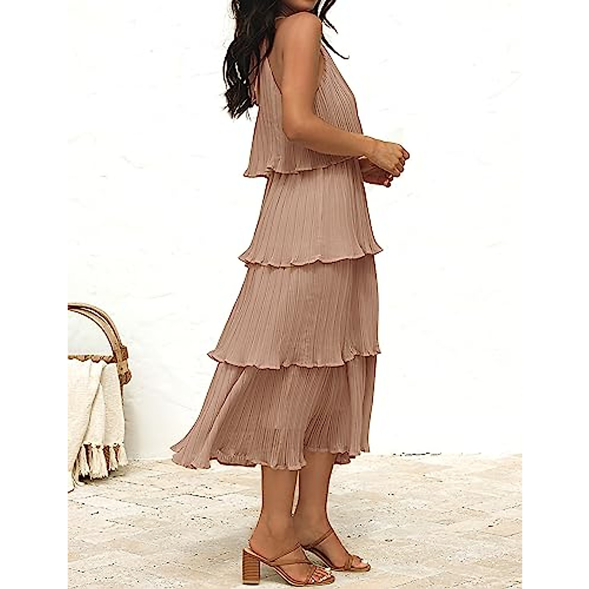 ZESICA Women's 2023 Summer Sleeveless Halter Neck Ruffle Tiered Layed Chiffon Flowy Swing Long Midi Dress,Khaki,Large