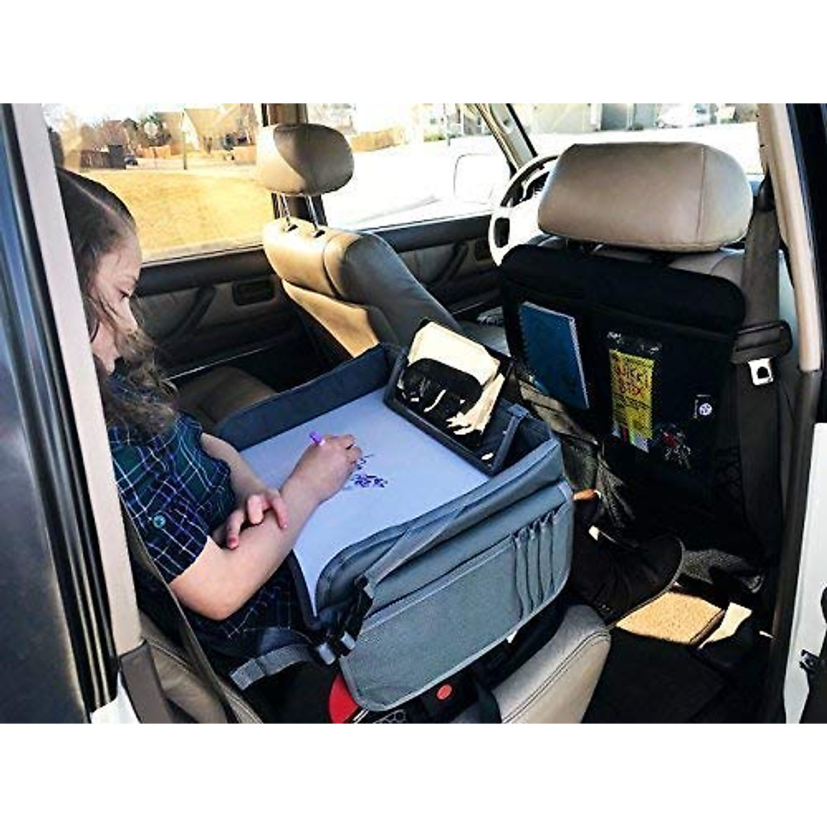 Kid’s Car Seat Travel Tray – Dry Erase Lap Table with Markers and Mesh Pockets – Keep Children and Babies Occupied – by K4 Dynamics