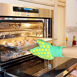 J H Heat Resistant Oven Gloves: EN407 Certified 932 °F, Bluish Green Shell with Yellow Silicone Coating, BBQ & Oven Mitts for Cooking, Kitchen, Fireplace, Smoking, Grilling, Baking, Women Fits All