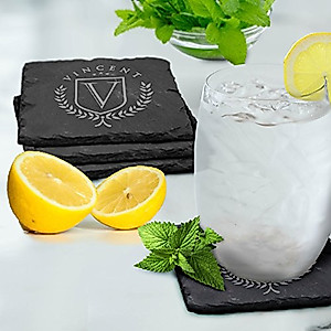 Custom Engraved Slate Stone Drink Coasters Set of 4 - Monogrammed and Personalized (Square)