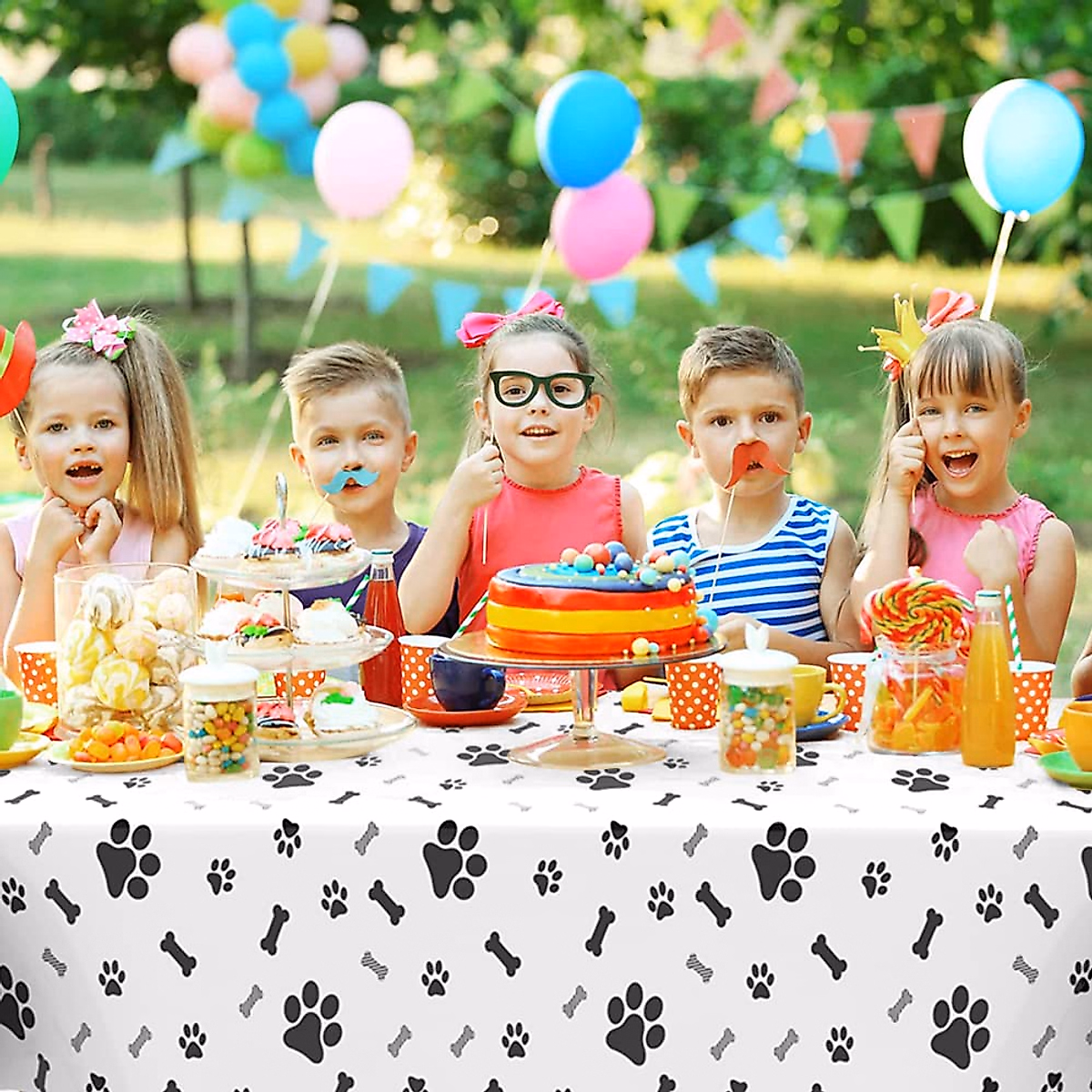 QEYMN Puppy Paw Print Plastic Tablecloth Table Cover, 2 Pack Pupply Paw Print Disposable Rectangle Table Cover for Kids Birthday Party, Puppy Themed Birthday Party Decorations, 54x108 inch