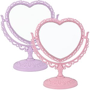 TBoxBo 2 Pack Heart Mirror Lovely Heart-Shaped Cosmetic Mirror Plastic Double-Sided Heart Mirror Rotatable Dresser Mirror Bathroom Bedroom Dressing Beauty Mirror for Girls Bedroom(Pink & Purple)