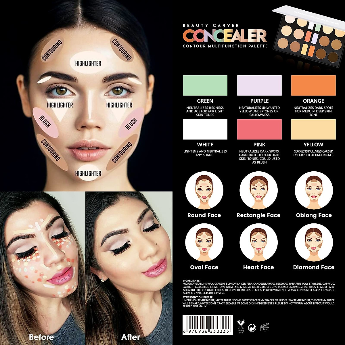 Cream Contour Concealer Palette,DE'LANCI 18 Color Contour Highlighting Makeup Palettes Kit,Contouring Pallet for Dark Circles,Redness,Natural Concealing Foundation Full Coverage,Cruelty Free