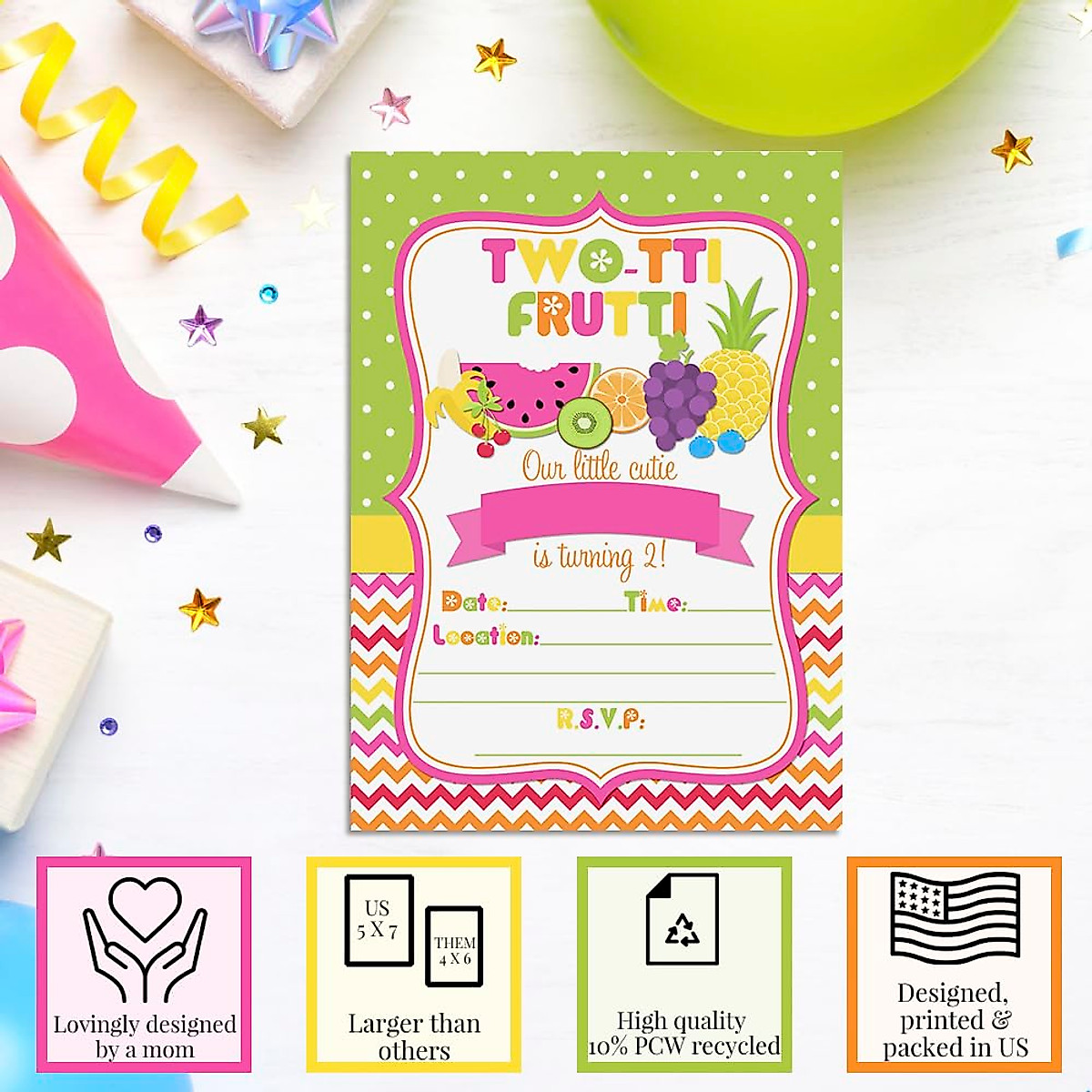 Tutti-Frutti Sweet and Juicy 2nd Birthday Party Invitations, 20 5x7 Fill In Cards with Twenty White Envelopes by AmandaCreation