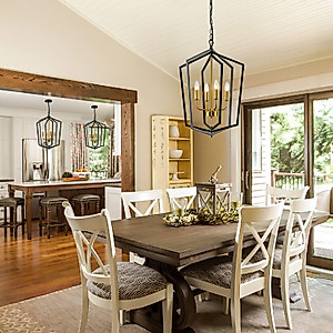 WJShome Lantern Pendant Light, 4-Light Gold Farmhouse Pendant Light, Modern Ceiling Hanging Light Fixture for Bedroom Kitchen Island Foyer Aisle Living Room Entryway Dining Room Hallway.