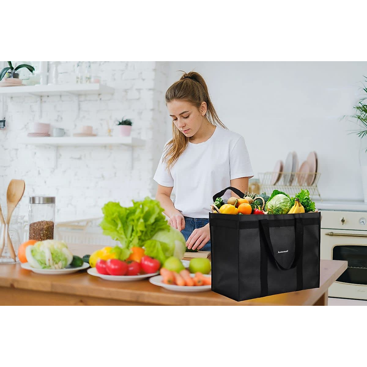 Homemell Heavy Duty Reusable Grocery Bags, Extra Large Collapsible Tote Holds 100 LBS, Extra-Strength Premium Material (Black, 6-Pack)