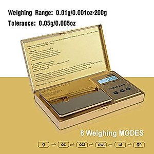 WEIGHTMAN Digital Scale Gram, 200g/0.01g Pocket Scale Gold Titanium Plating, LCD Backlit Display, Mini Jewelry Scale with 6 Units, Auto Off, Tare Function for Food, Herb, Coins, Battery Included
