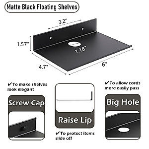 Z metnal Small Floating Shelves, Mini Speaker Shelf, Self Adhesive Small Wall Mount Metal Shelves with Cable Clip, Display Shelf for Cameras Monitor Routers, Matt Black, 6 inch