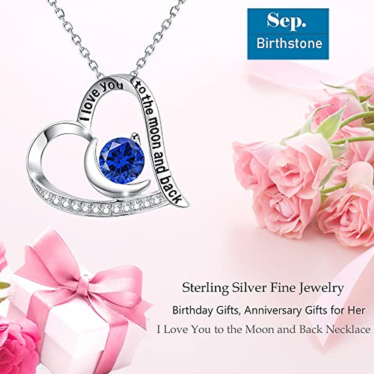 ELDA & CO. Birthday Gift for Women September Birthstone Blue Sapphire Necklace Mom Wife I Love You to the Moon and Back Jewelry Sterling Silver for Her
