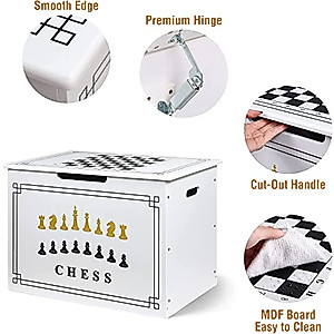 Wooden Toy Box and Storage Chest with Chess and Safety Hinge for Kids and Babies – Girls and Boys - White