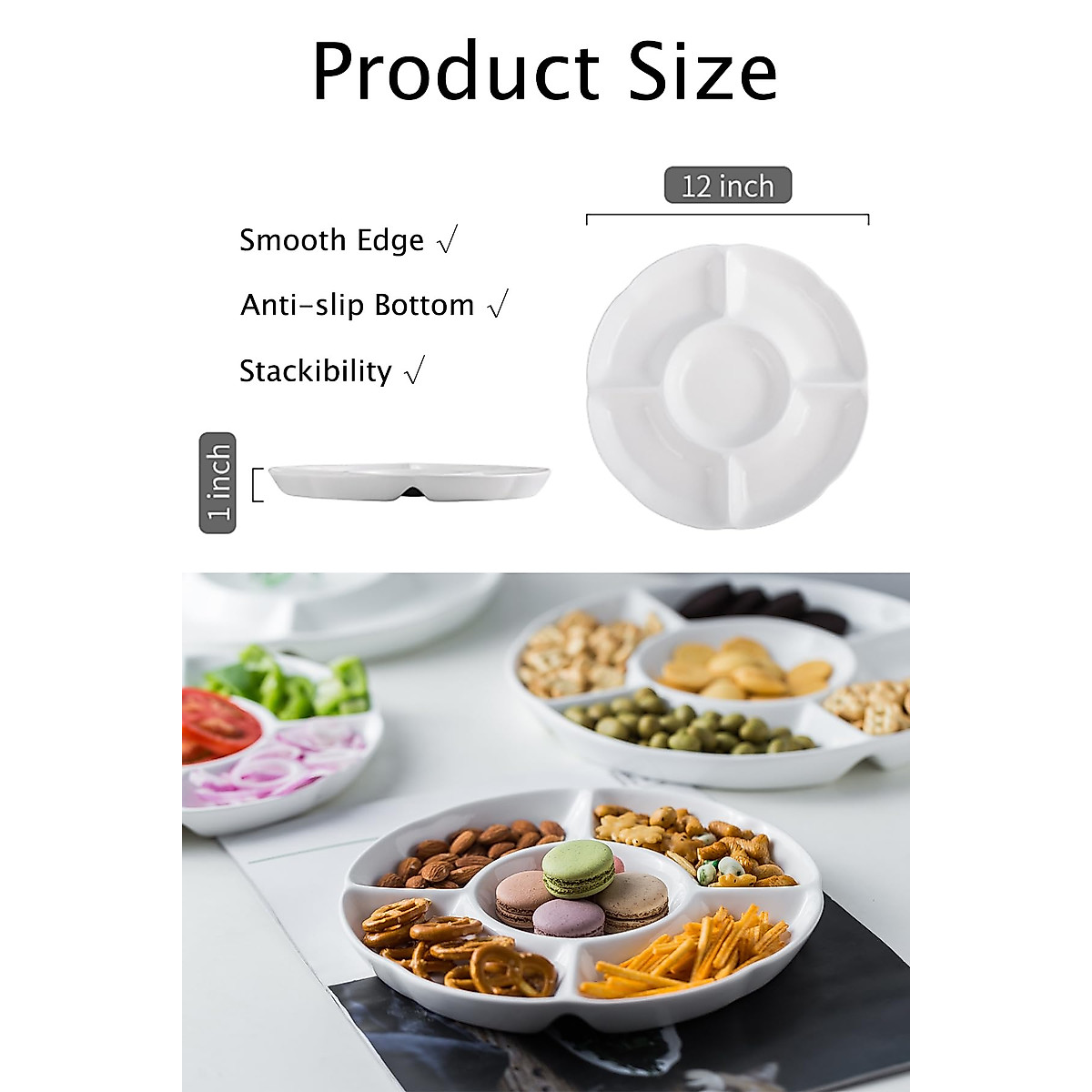 LAUCHUH Chip & Dip Serving Set Porcelain Divided Serving Platter/Tray Perfect for Easter, Christmas, Snack Dessert, 12 inch White Dish Set of 2