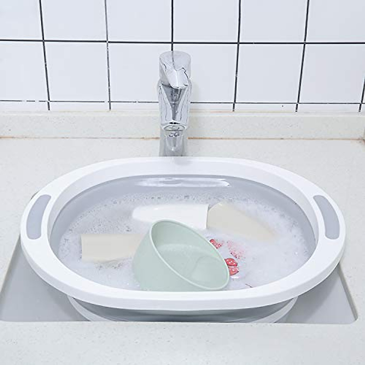 AAKitchen Collapsible Dish Pan Cutting Board Combo Portable Washing Basin Dish Tub Foldable Storage Organizer Wash and Drain Dish Basket over the Sink Dish Drainer for RV, Camp, Marine