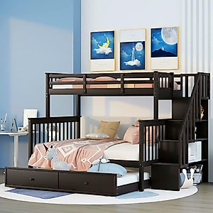 Harper & Bright Designs Twin Over Full Bunk Beds with Twin Size Trundle and Stairs, Wooden Bunk Bed with Storage & Guard Rail for Bedroom, Dorm, for Teens, Adults, Espresso