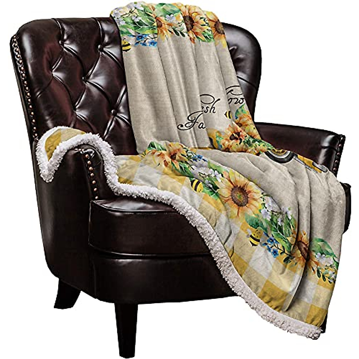 ArneCase Throw Blanket Cozy& Comfy Sherpa Fleece Blankets Yellow Farm Truck Carrying Sunflowers Vintage Style On Yellow Plaid Ultra Soft Fuzzy Plush Blanket for Couch,Sofa,Bed 39x49In