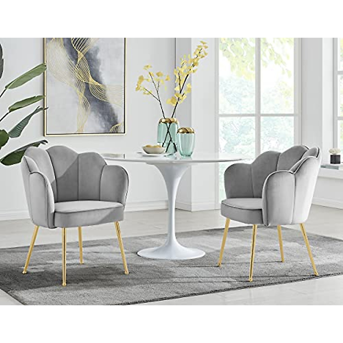 Iconic Home Mia Rose Dining Side Chair Velvet Upholstery Scalloped Clamshell Back Gold Plated Solid Metal Legs (1 Piece) Modern Transitional, Silver
