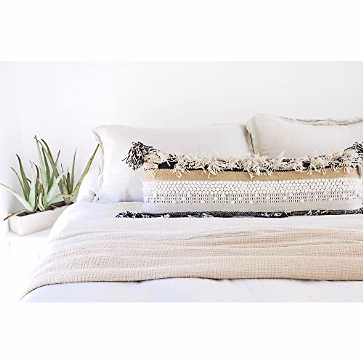 CASA BOHO Cover Decorative lumbar , throw pillow for Bed Long Pillow for Couch Bolster Pillow Boho Room Decor Pom Pom , 12x34 Black Tan