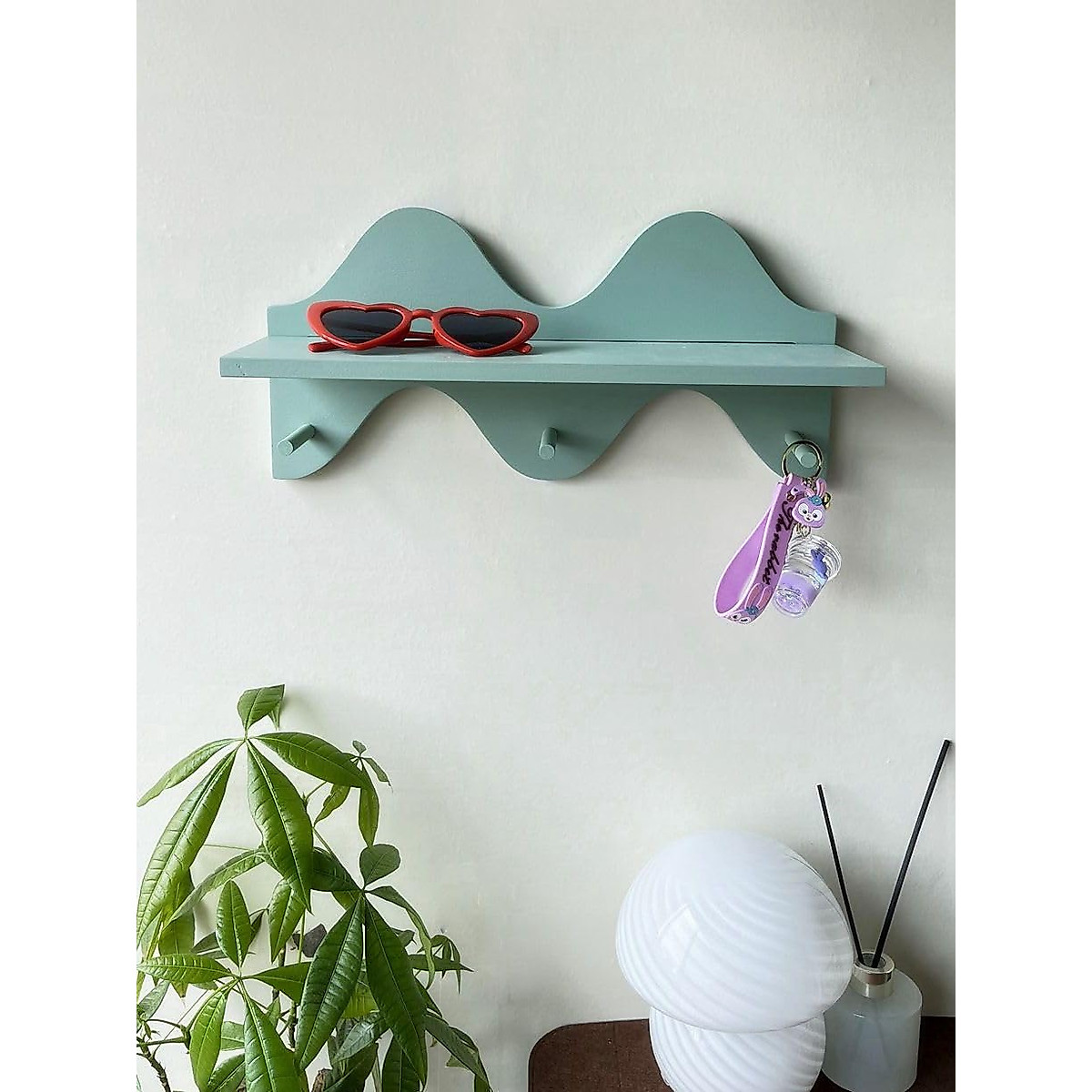 cozifycasa Floating Shelves for Wall Shelf with Hooks Key Holder Purse Rack Hanger Wood Small Cute Shelf for Bathroom Bedroom Game Room (sage Green)
