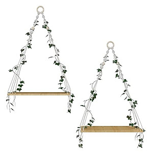 MACOLOGY Macrame Wall Decor-Boho Decor-2 Pack of Shelves with Ivy Plants-Boho Wall Decor-Hanging Shelves for Wall-Room Decor-Wood Shelving-Chic Aesthetic-Wall Shelves for Plants-Bohemian Shelves