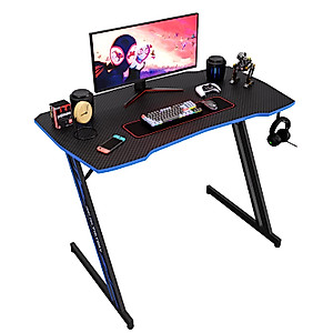BestOffice Gmaing Desk Z Shaped 47 inch Gaming Workstation Ergonomic Gaming Table PC Computer Desk with Headphone Hook for Game Players, Blue