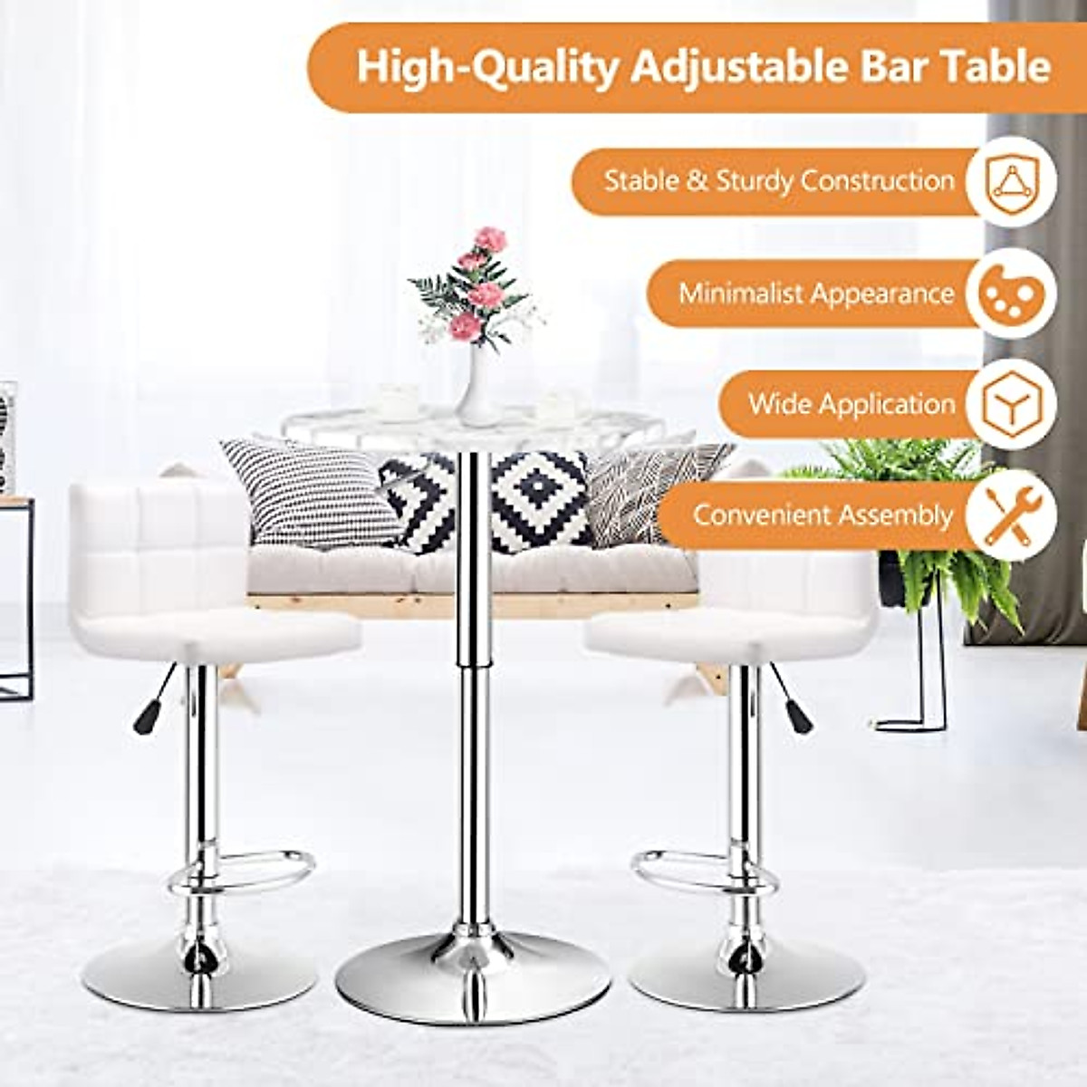 TUOCHUFUN Round Cocktail Bistro High Table with Black Top and Base，360° Swivel Cocktail Pub Table with Sliver Leg for Home, Bar Table (White)