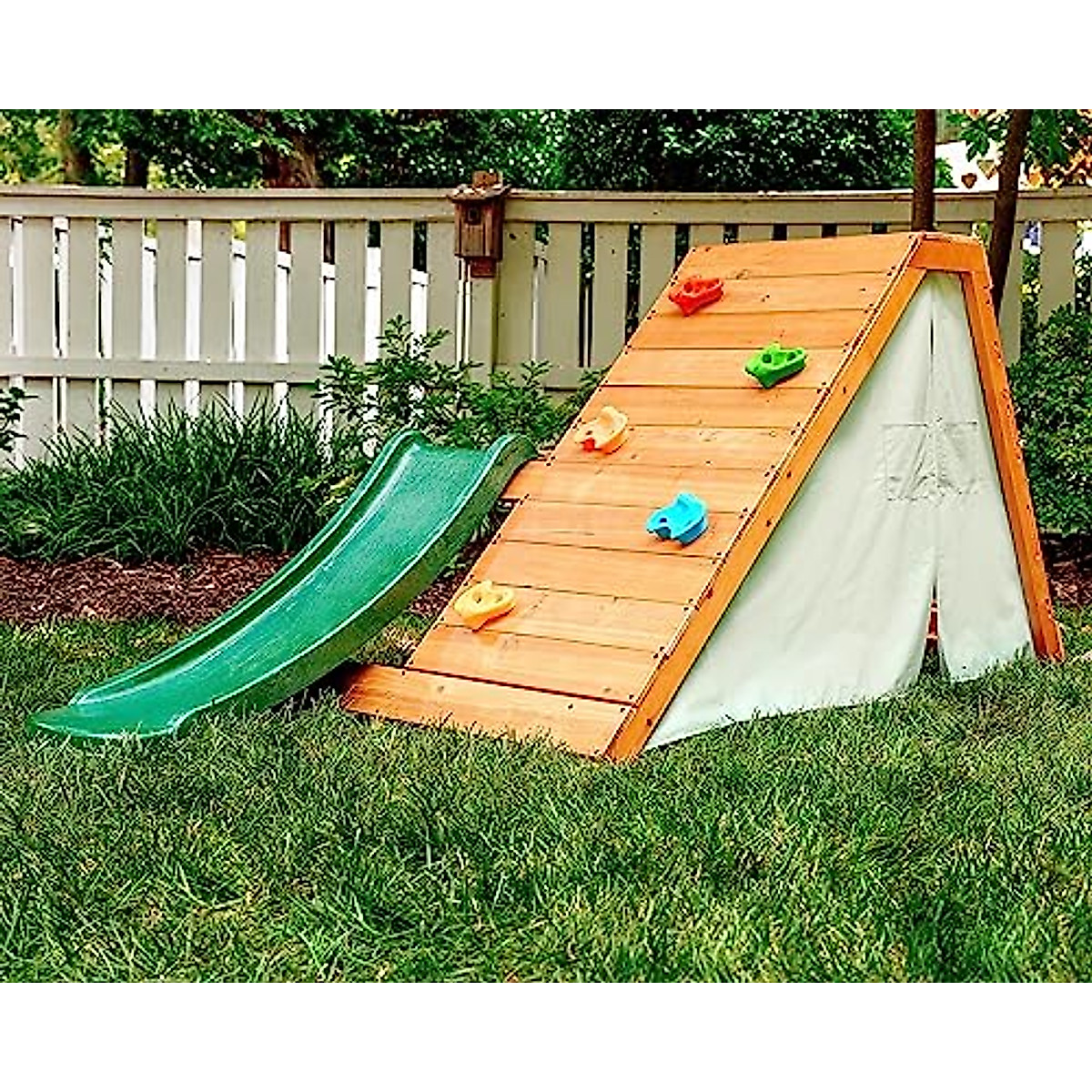 Avenlur Palm Outdoor and Indoor Playground 5 in 1 Backyard Playset with Ladder, Rock Wall, 4 ft. Slide, Tent Fort, Montessori Style Play Set Climber Playhouse Toddlers, Children, Kids 2-8yr (Green)