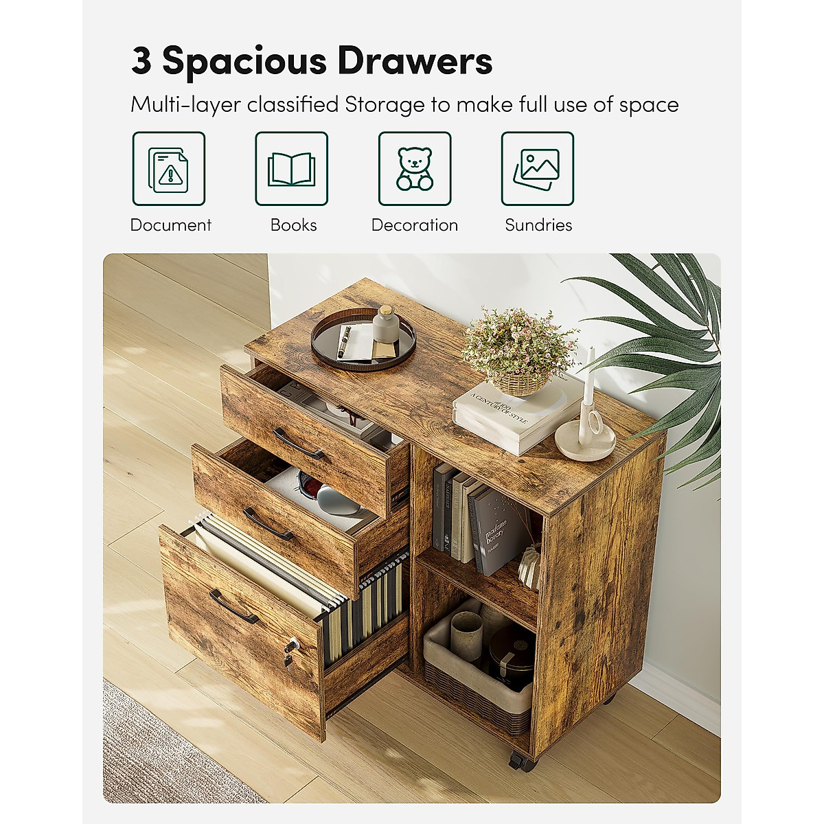 FEZIBO 3-Drawer Mobile File Cabinet, Lateral Filing Cabinet with Lock, Printer Stand with Open Storage Shelves for Home Office, Rustic Brown