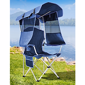 Docusvect Beach Chair with Canopy Shade, Folding Camping Chair with Canopy with Cup Holder, Side Pocket for Camp, Beach, Tailgates, Fishing - Support 330 LBS