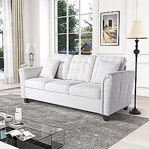 Lepfun Chesterfield, 86.6” Flare Sofa, Tufted 3 Seater Furniture, Velvet Couch with Scroll Arms and Nailhead for Living Room, Bedroom, Office, Apartment (Beige)