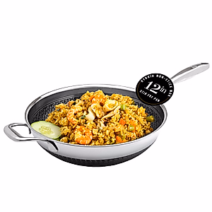 LIVWELL DiamondClad 12-inch Nonstick Hybrid Wok Stir Fry Pan - Home and Kitchen Gift - Stainless Steel Wok - Dishwasher and Oven Safe - Honeycomb Wok - PFOA-free - Honeycomb Cookware - Silver/Black