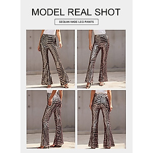 BLENCOT Bell Bottoms for Women High Waisted Wide Leg Palazzo Pants Bling Sequin Flared Trousers Brown XL