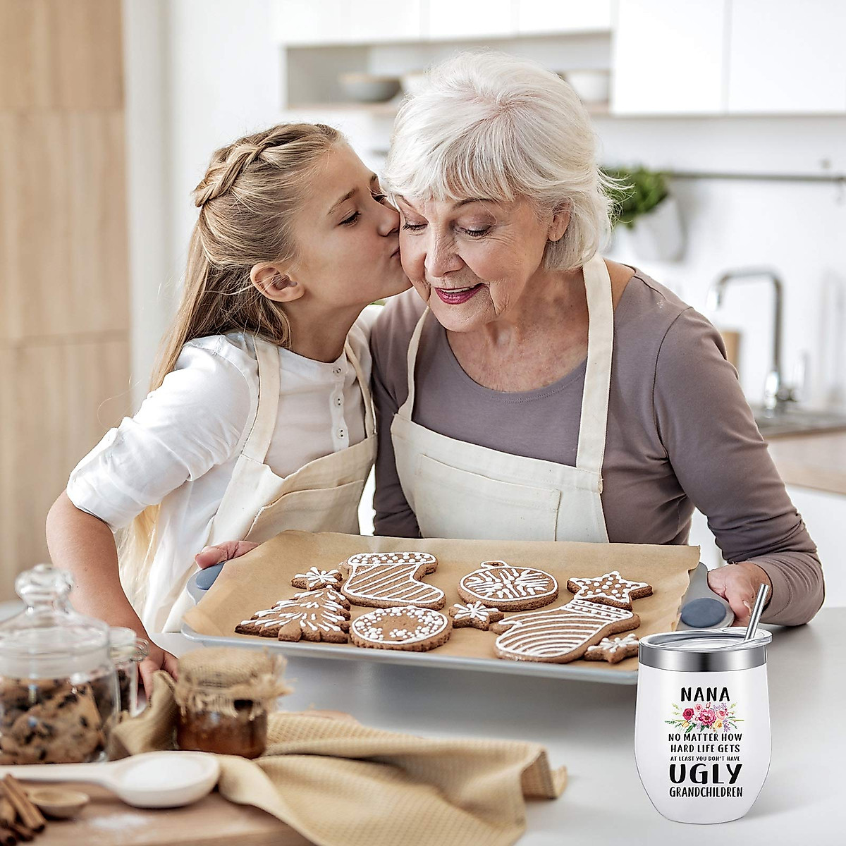 Nana Gift, Nana At Least You Don’t Have Ugly Grandchildren, Birthday Mother's Day Gift from Grandkids, Granddaughter or Grandson, Gift Idea for Grandmother, 12 oz Wine Tumbler with Gift Box (White)