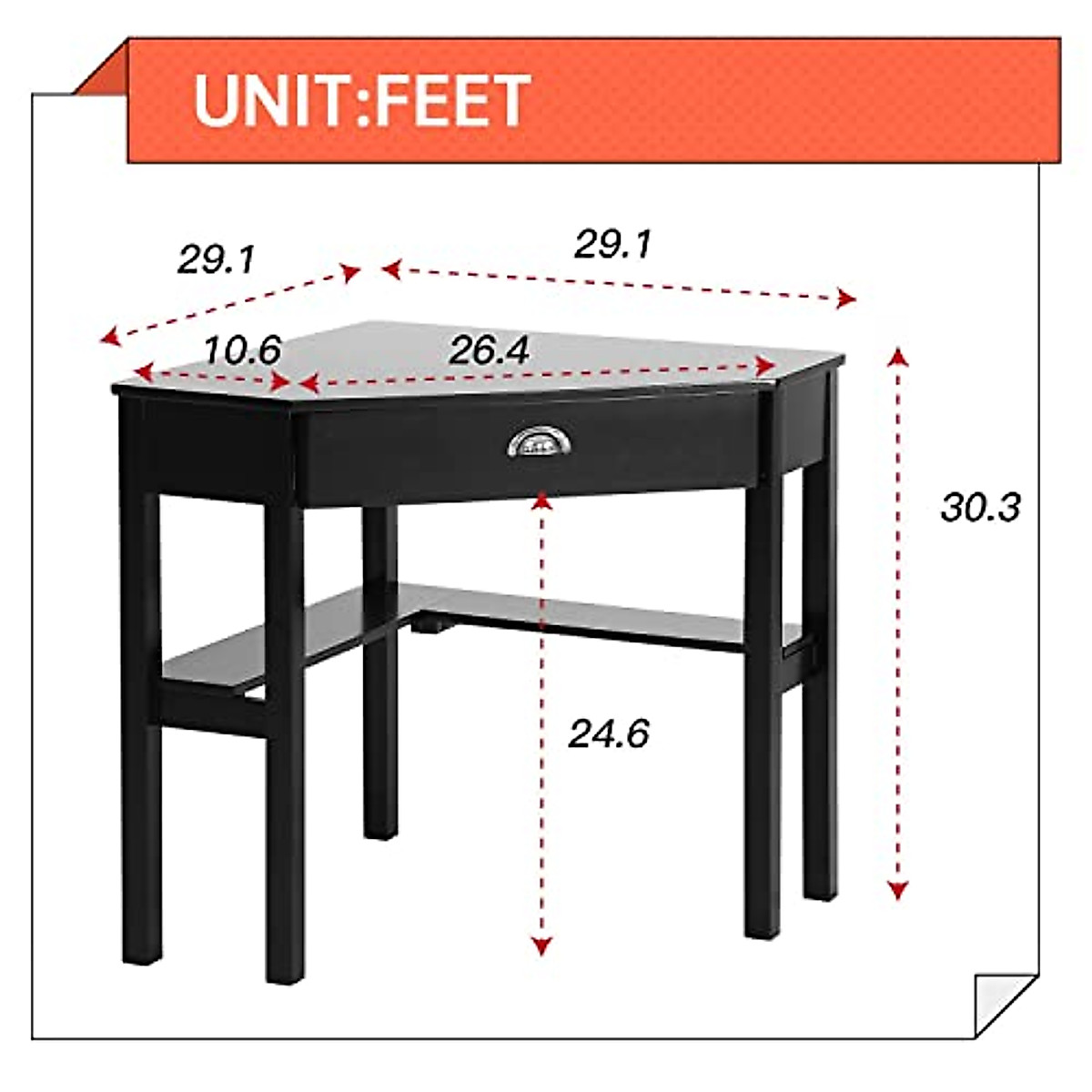 Corner Desk Corner Computer Desk with Drawer for Small Space Makeup Vanity Desk 90 Degrees Triangle Corner Desk with Storage Shelves, Home Office Workstation for Living Room, or Bedroom (Black)
