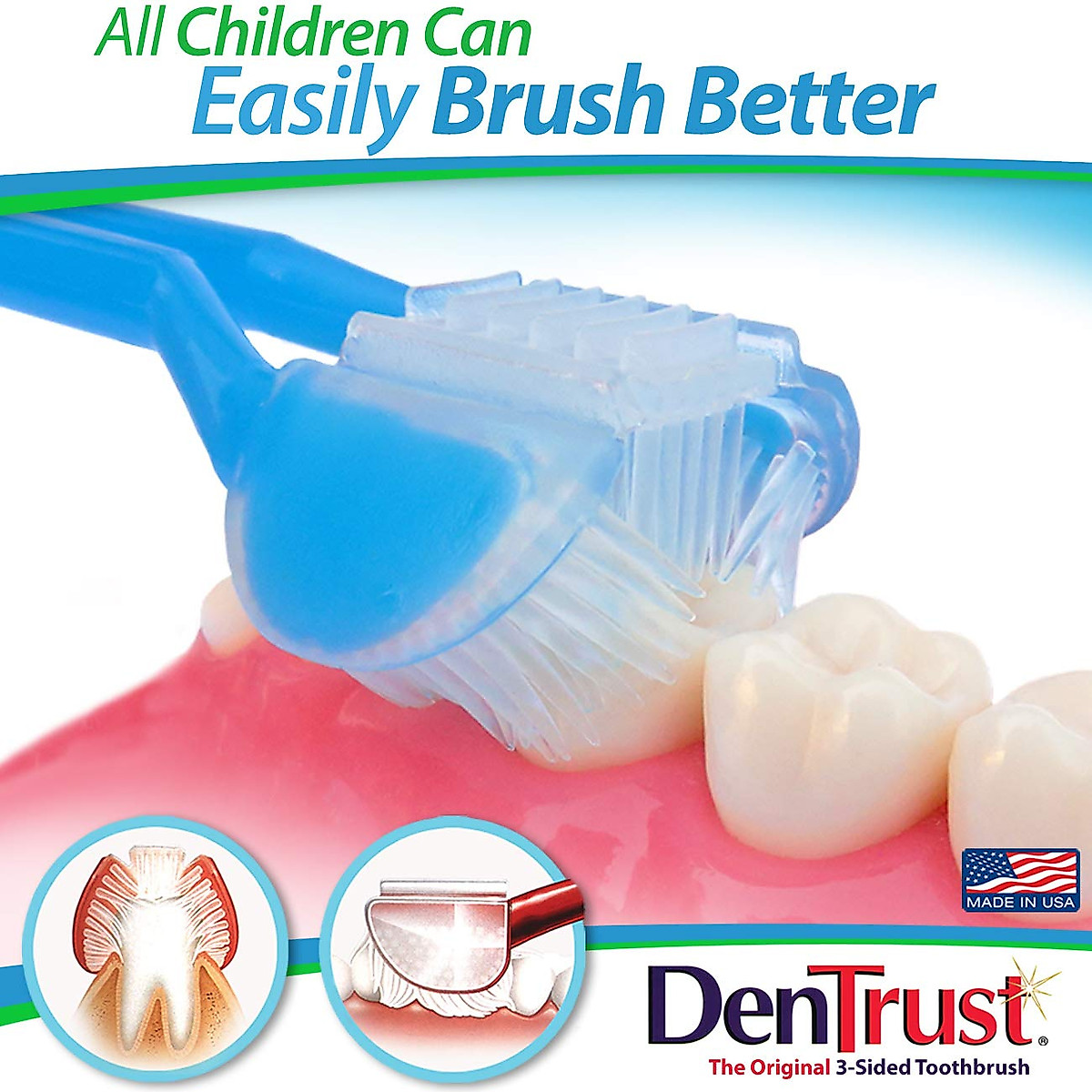 DenTrust 4-PK Triple Clean 3-Sided Toothbrush | Made in USA | Easily Brush Better | for Kids Children Autism Special Needs Braces Orthodontics