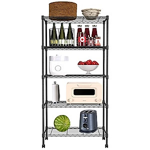 24/7 Shop at Home Rex Industrial 5 Tier Wire Shelving Rack with Wheels, Adjustable Shelves and NSF Certified, Metal Storage Shelves for Kitchen, Office, Garage, Basement, Laundry Room, Black