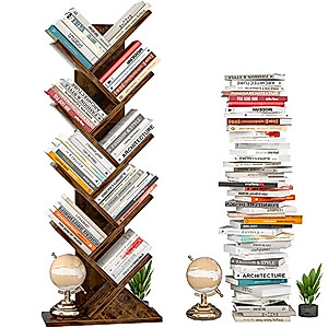 Topfurny Tree Bookshelf, 9-Tier Shelf Rustic Brown Bookcase, Retro Wood Storage Rack for CDs/Movies/Books, Anti-Fall Utility Organizer Shelves for Living Room, Bedroom, Home Office, Rustic Brown